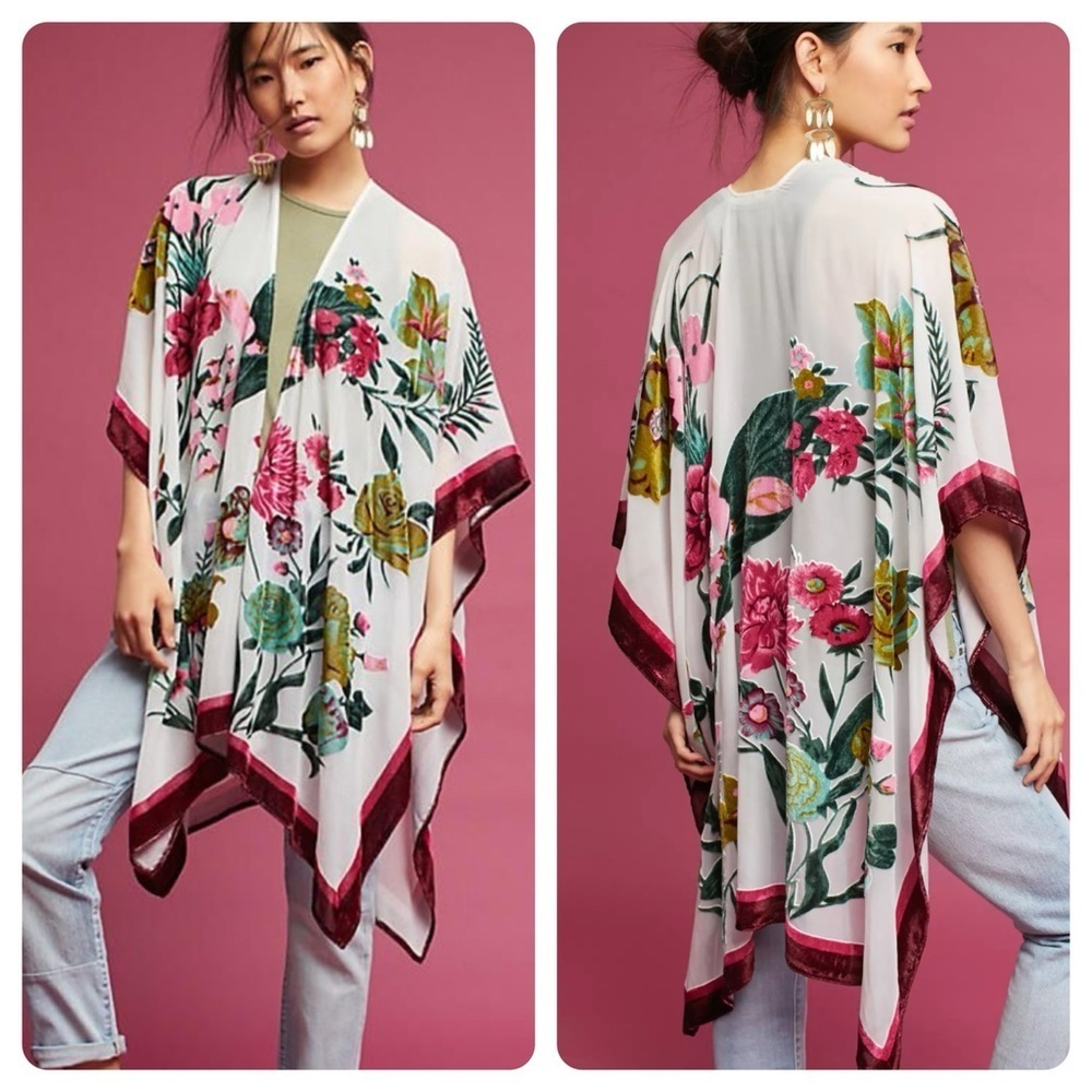 Anthropologie Velvet Ruana Kimono Floral Print Size Os - Gem